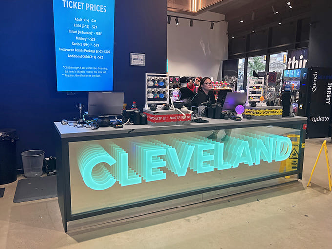The illuminated reception desk glows with Cleveland pride while displaying the various ticket options for this popular attraction.