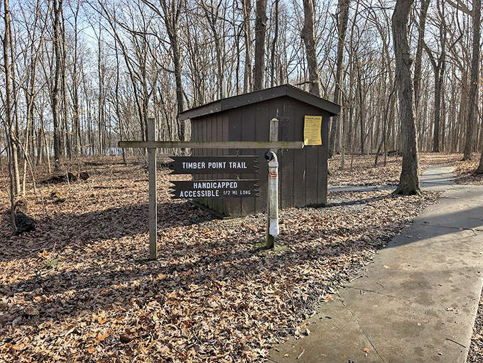 The Timber Point Trail entrance promises accessible adventures. Where wilderness welcomes everyone, regardless of ability.