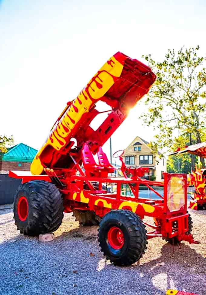 This transformed truck seems ready to rumble to life at any moment, its bed tilted skyward like a mechanical beast stretching toward the clouds.