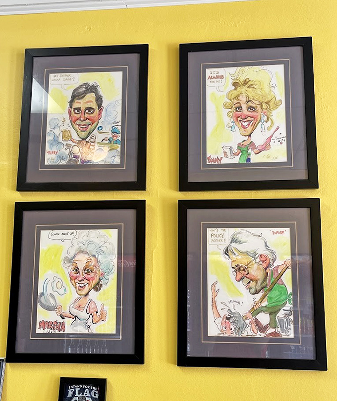 Wall of fame caricatures &ndash; where regular customers and local characters become immortalized in the sandwich shop's colorful history.