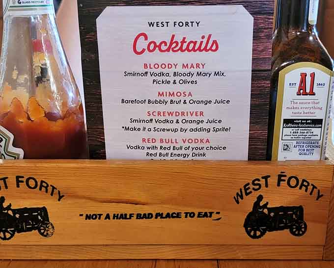 The cocktail menu keeps things simple with classics like Bloody Marys and Screwdrivers, because fancy drinks would feel out of place here.