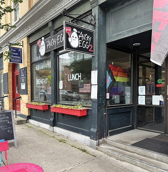 The welcoming entrance to breakfast nirvana &ndash; where the scowling egg logo promises food with personality and a side of Vermont charm.