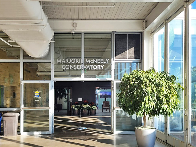 The Marjorie McNeely Conservatory welcomes visitors with its bright, airy entrance&mdash;a gateway to botanical wonders year-round.