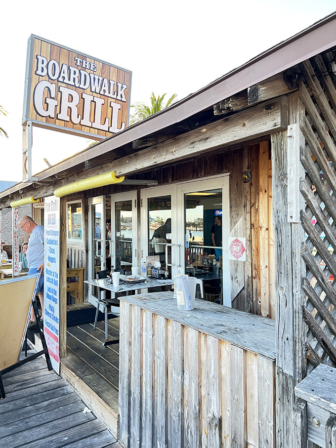 Weathered wood and simple signage create that authentic "we care more about food than frills" coastal eatery vibe.