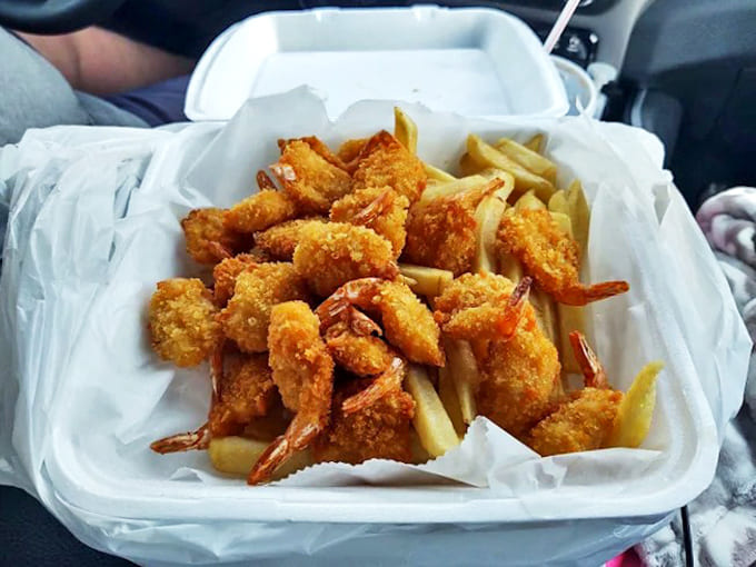 Even the to-go containers at Tony's require reinforcement&mdash;these golden-fried shrimp and fries will become tomorrow's legendary lunch.