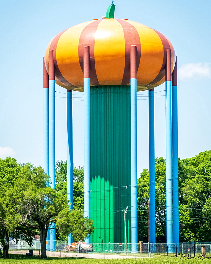 The tower's stem detail proves that when Circleville committed to the pumpkin concept, they didn't leave a single seed unturned.