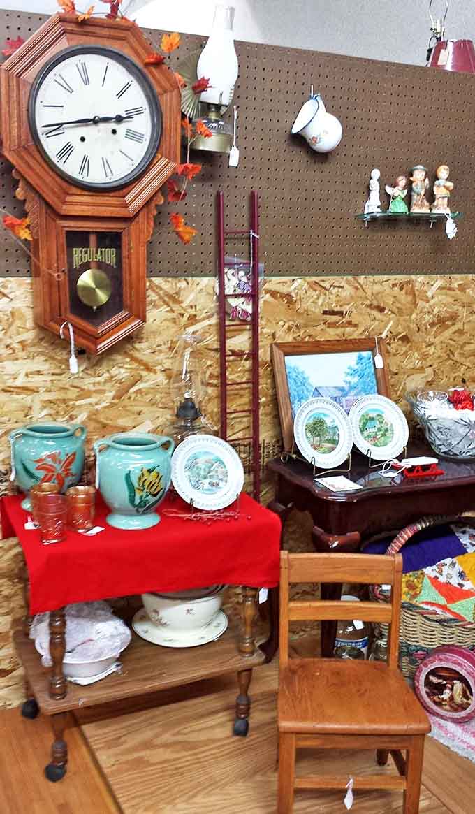 Vintage furniture and home d&eacute;cor create vignettes of bygone eras, the regulator clock keeping perfect time for shoppers.