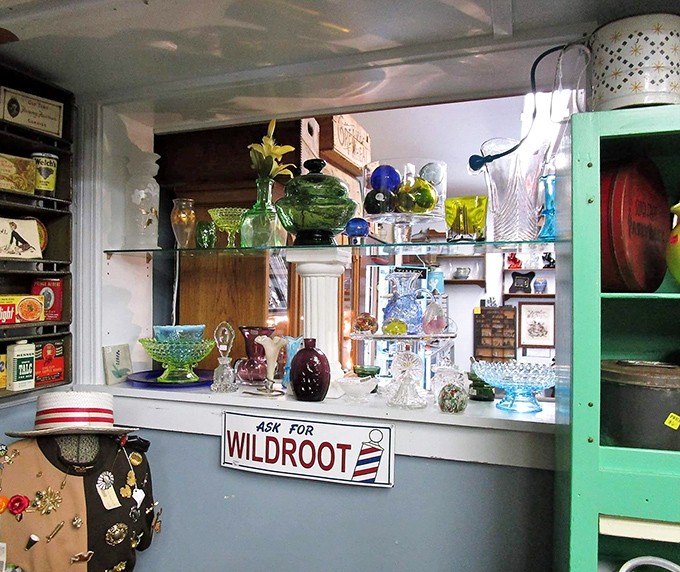 Glassware: Shelves of colorful vintage glass create a kaleidoscope effect. Depression glass that somehow manages to be anything but depressing.
