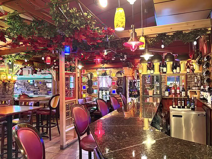 Colorful pendant lights cast a warm glow over tables where pasta dreams come true and diet plans go to die happily.