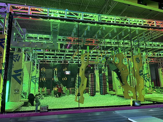 This glowing obstacle course combines the challenge of a military training ground with the aesthetics of a sci-fi movie set.