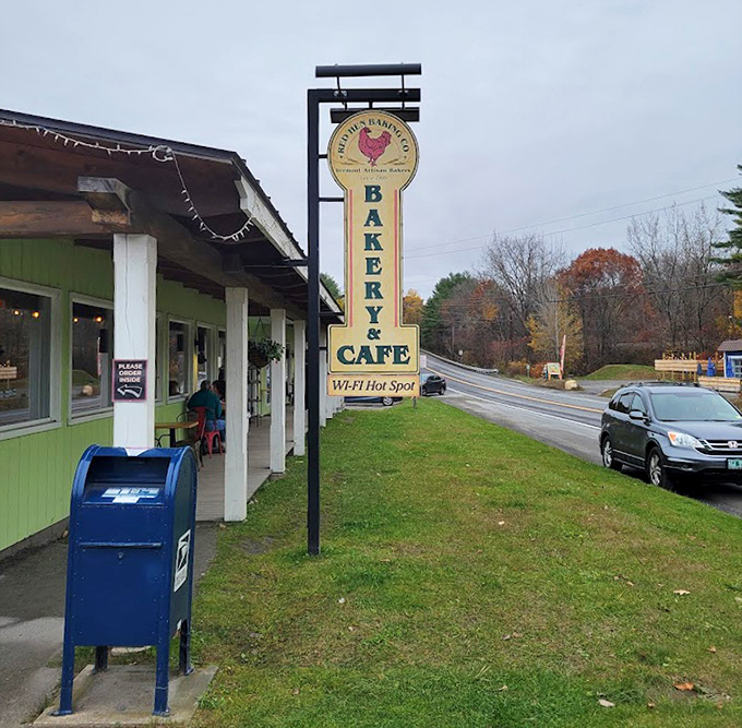 The outdoor seating area offers a front-row seat to Vermont life passing by, best enjoyed with coffee and croissant.