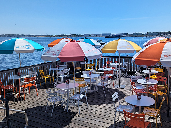 Summer perfection: colorful umbrellas, harbor breezes, and the gentle soundtrack of boats rocking against the dock below.