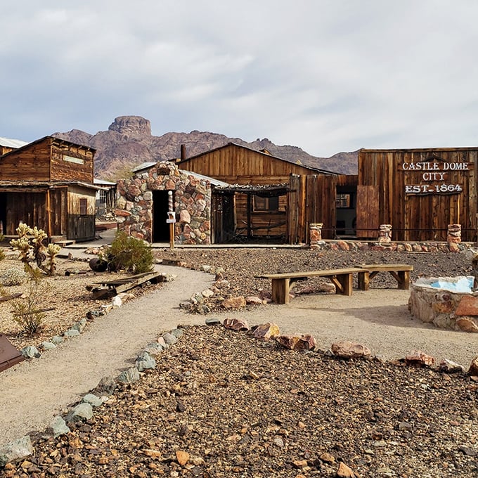 Castle Dome's buildings huddle against the harsh desert backdrop, their weathered wood telling stories of boom, bust, and human perseverance.