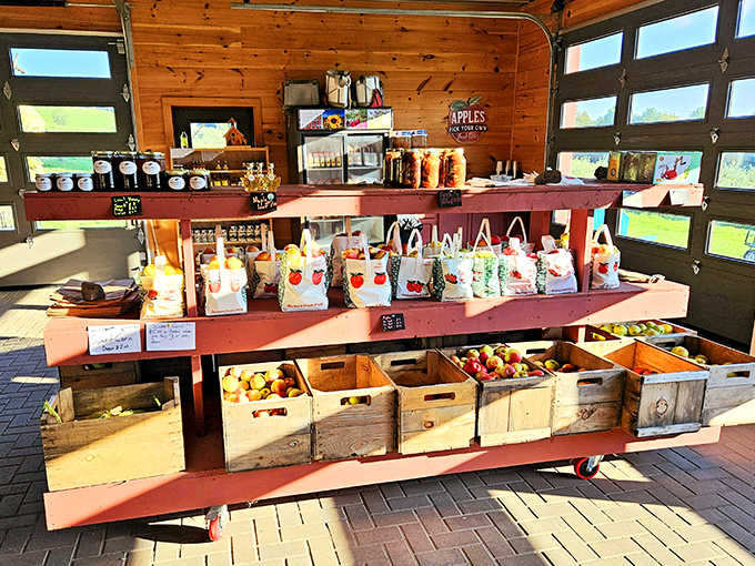 The farm store display showcases Vermont's agricultural artistry &ndash; wooden crates of apples beneath shelves of homemade goods create a rustic shopping paradise.