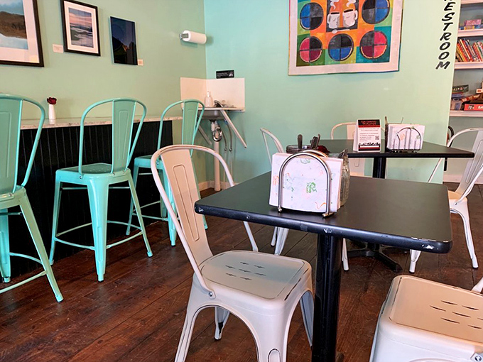 Mint and white metal chairs surround black tables where countless conversations have unfolded over pie and coffee. Simple, comfortable, perfect.