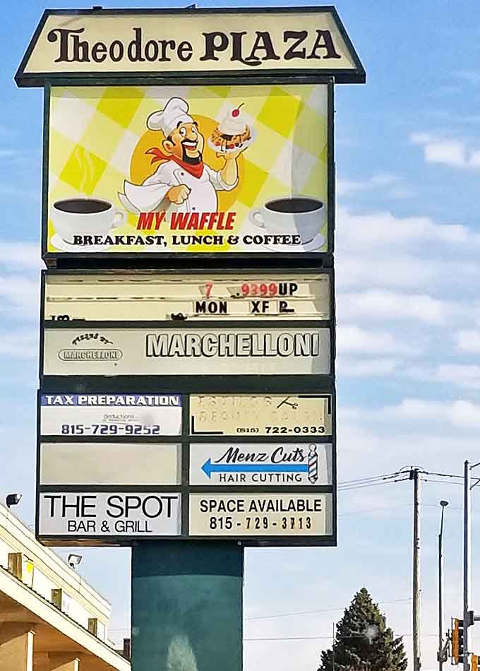 Theodore Plaza's marquee proudly announces My Waffle's presence &ndash; a beacon for breakfast lovers amid practical businesses serving the community.