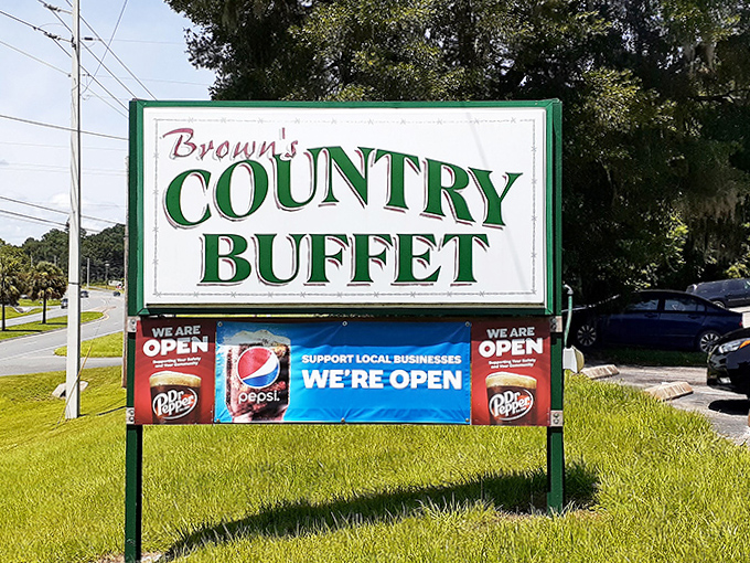 The sign proudly announces "WE'RE OPEN" &ndash; three of the most beautiful words in the English language for hungry travelers.