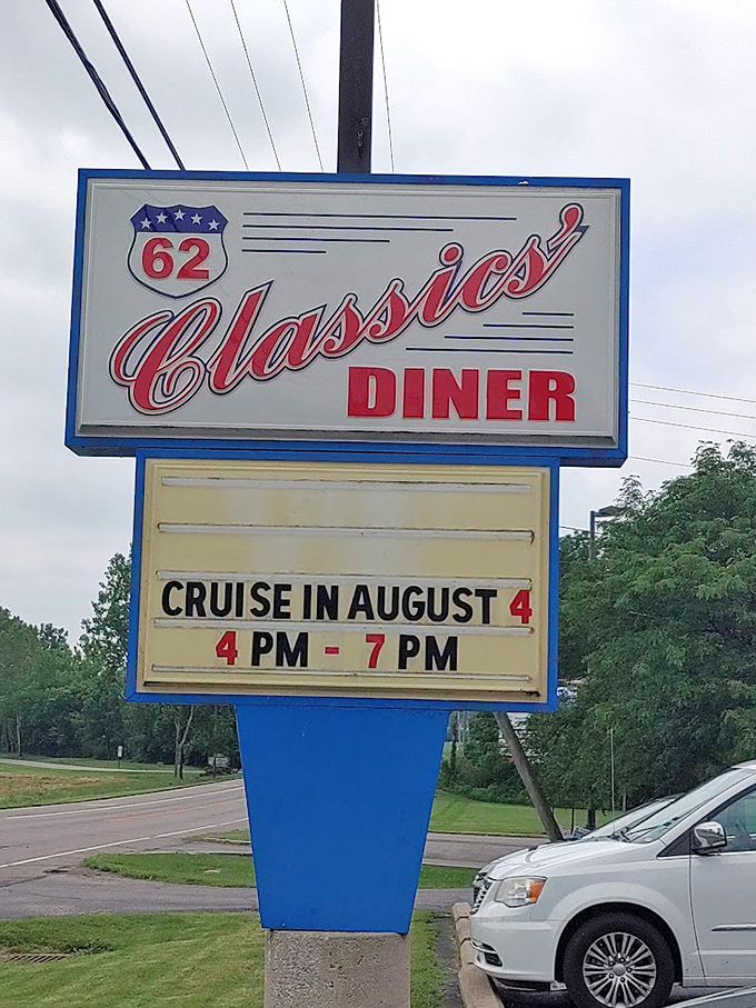 The Bat-Signal for hungry travelers! This sign doesn't just advertise a diner. It promises a trip back to a time when calories didn't count and Elvis was king.