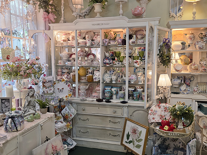 A collector's dream &ndash; shelves lined with teapots and cups in every imaginable pattern, transforming functional items into decorative art.