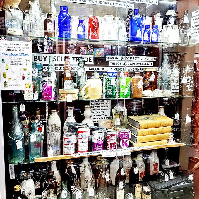 Bottle collectors' nirvana featuring everything from medicine to soda to spirits. Each glass vessel once held solutions to thirst, illness, or sobriety.