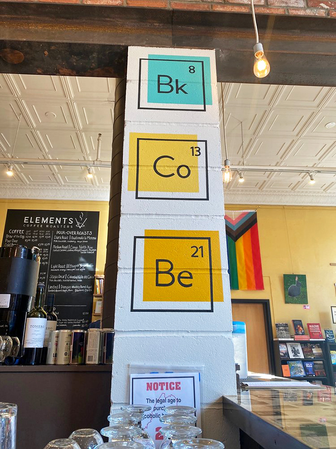 Bright, playful periodic table artwork decorates the caf&eacute; at Elements, adding a fun touch to this unique Biddeford spot for books and brews.