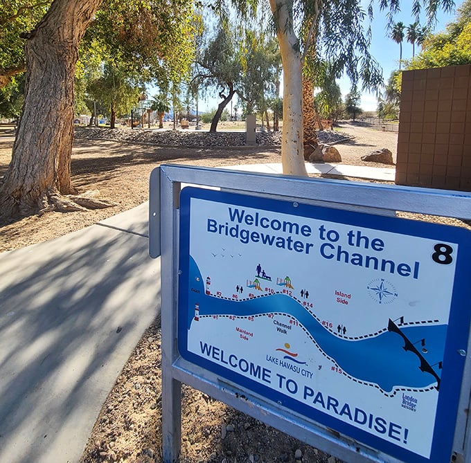 The welcoming sign promises adventure along the channel &ndash; a roadmap to waterfront discoveries awaiting visitors.