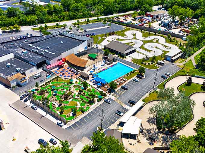 From this bird's-eye view, Funway reveals itself as an oasis of entertainment with go-karts, mini-golf, and a refreshing pool.