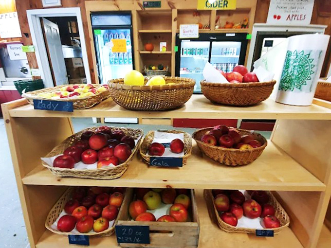 Inside the store, carefully labeled varieties invite customers to discover the distinct personalities of each apple &ndash; from sweet Honeycrisp to tart Northern Spy.