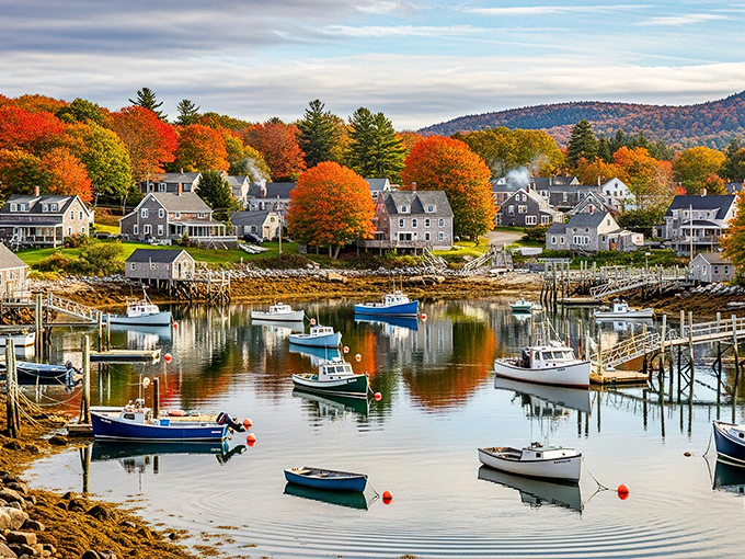 Harbor perfection &ndash; fishing vessels rest in calm waters, framed by autumn's spectacular display of color.