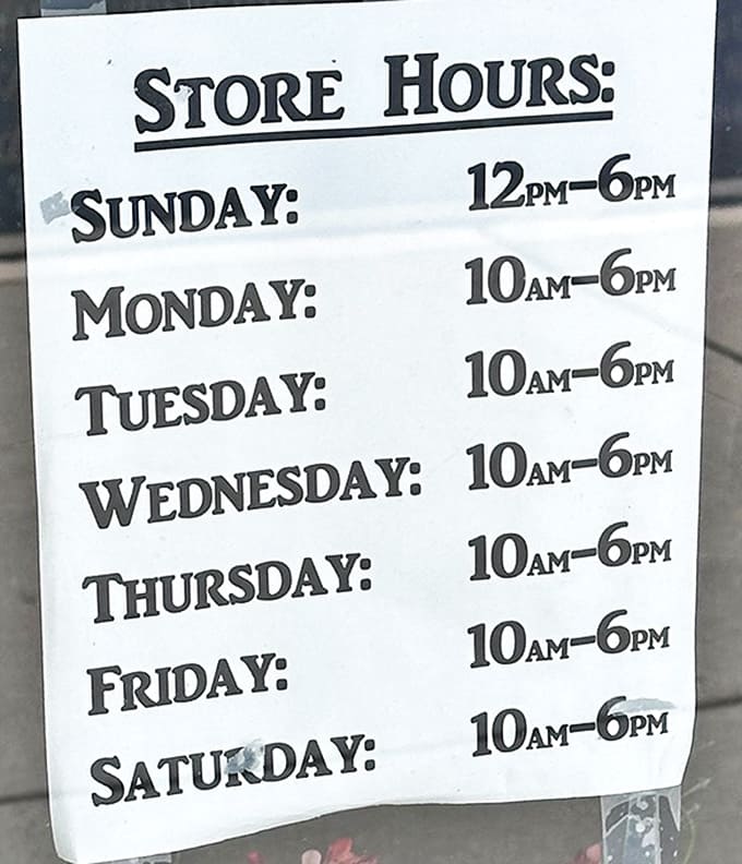 Even the store hours sign feels nostalgic &ndash; a simple reminder that some treasures can only be discovered during these golden hours.