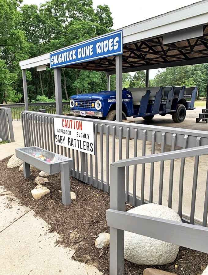 The "Approach Slowly Baby Rattlers" sign adds a touch of humor to the boarding area, though the only rattling you'll experience comes from the thrilling ride itself.