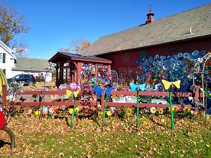 Autumn splendor frames The Sparkle Barn's colorful fence line, where metal flowers and artistic installations create a year-round garden of creativity.