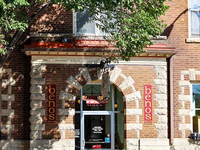 The exterior of Beno's Deli sits proudly on a historic downtown street, looking unassuming while harboring some of Minnesota's best Kaiser rolls inside.