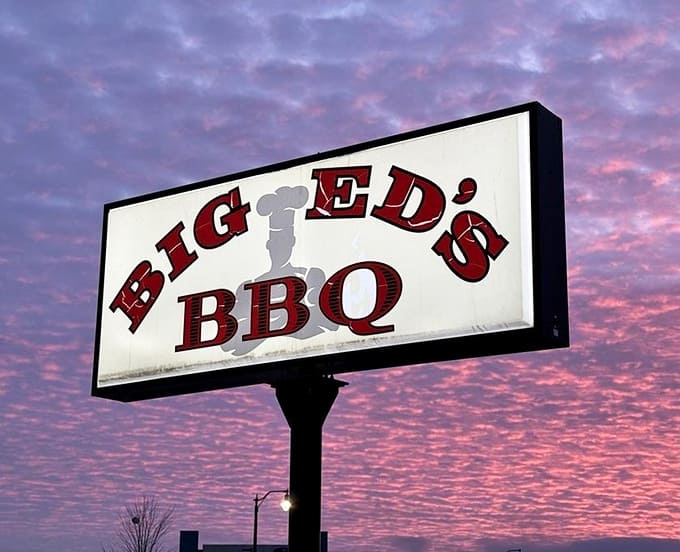 That sign against a purple sunset sky looks like a movie poster for the best barbecue film never made, starring brisket and featuring ribs in a supporting role.