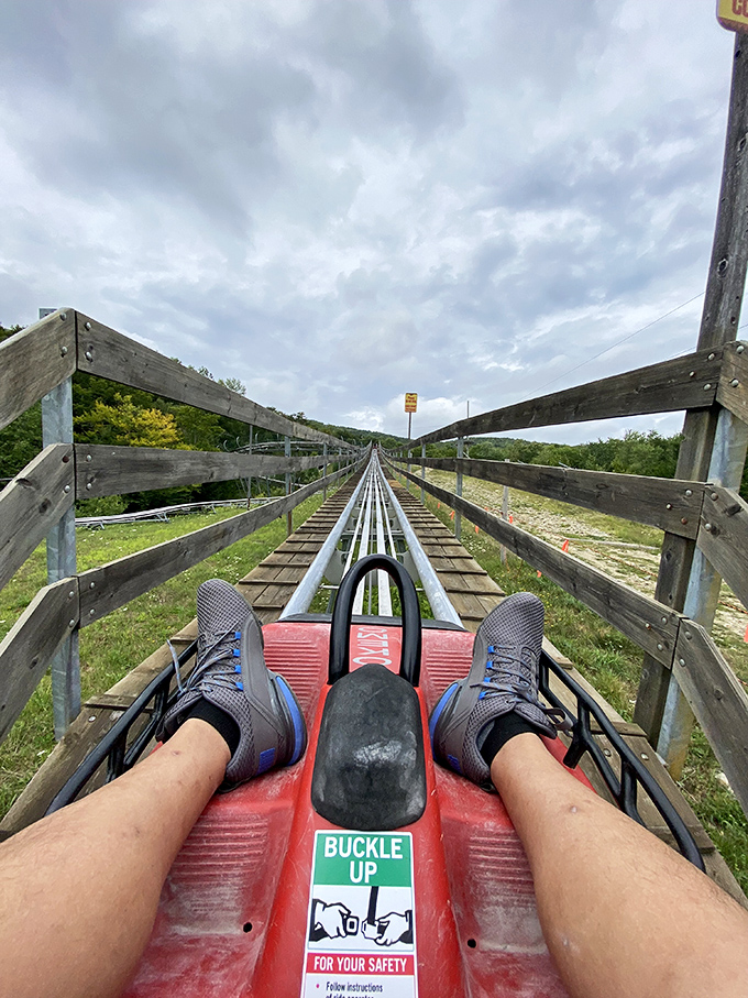 The rider's-eye view just before descent &ndash; feet up, hands on controls, and a track that promises the perfect blend of scenery and excitement.