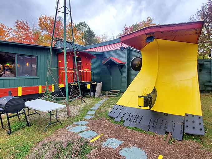 The exterior's playful colors and train parts create an unmistakable landmark that promises fun and fantastic food inside.