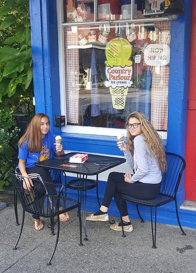 Outdoor seating where you can watch the world go by while your ice cream races the clock to stay frozen.