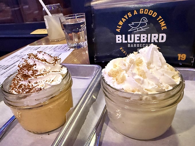 Mason jar desserts topped with clouds of whipped cream provide the sweet finale to a barbecue symphony.