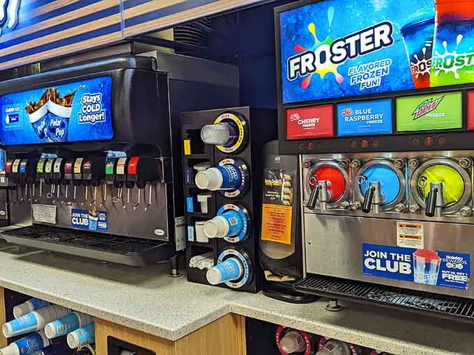 The drink station offers everything from fountain sodas to Frosties, because hydration matters even during sugar binges.