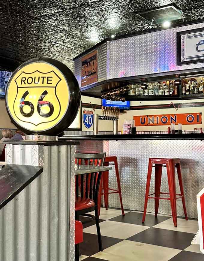 The bar area gleams with Route 66 memorabilia and promises cold drinks to wash down all that delicious smoked meat goodness.