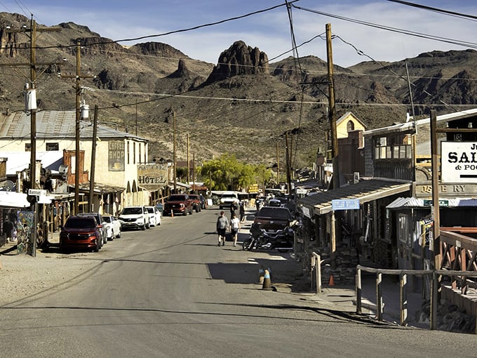 The view down Oatman's main drag showcases the perfect blend of historic preservation and living community, with mountains standing watch as they have for centuries.