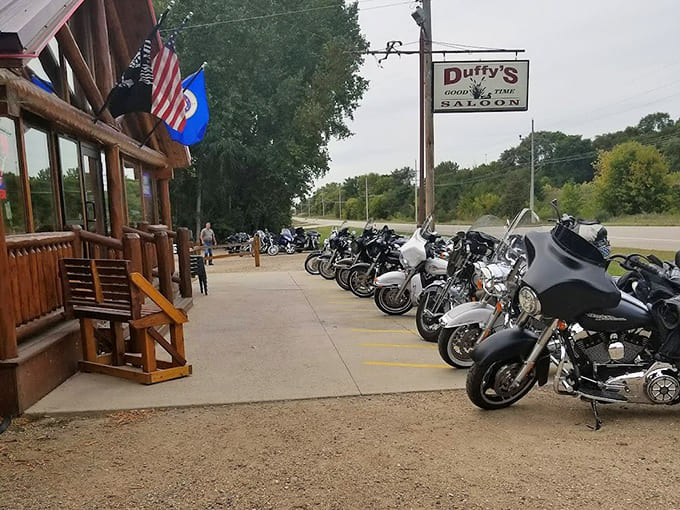 Motorcycle parking suggests this place knows its audience, welcoming road warriors in search of legendary ribs and hospitality.