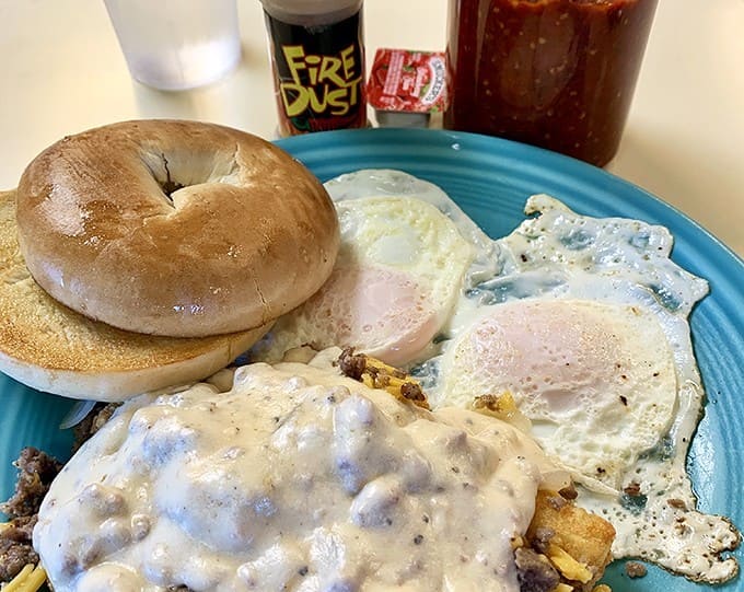 A perfectly toasted bagel with farm fresh eggs and sausage gravy creates the kind of breakfast that fuels entire days.