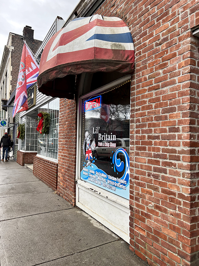 The welcoming entrance to Lil' Britain beckons passersby with promises of authentic fish and chips &ndash; a little slice of England on a Vermont sidewalk.
