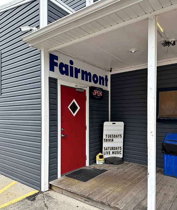 That entrance with its bright red door welcomes you in, while the sign promises trivia and live music for return visits.