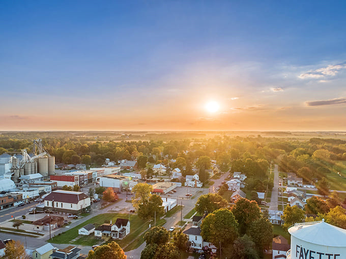 As day fades to dusk, Fayette's landscape transforms into a painting of golden light and long shadows – small-town magic at its finest.
