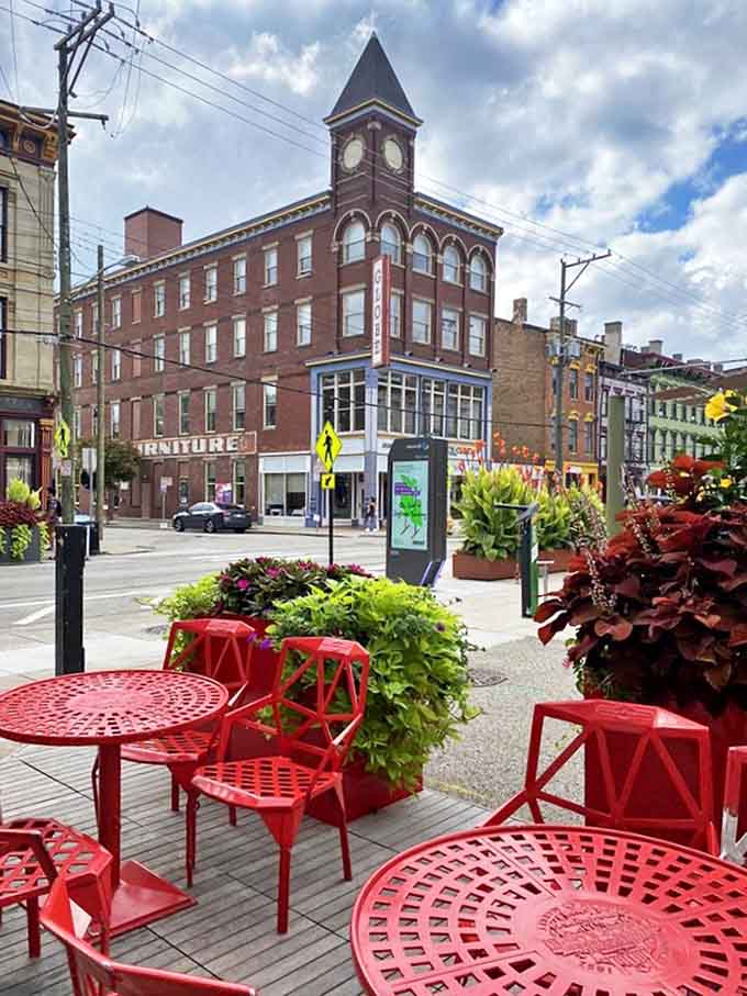 A patio view that reminds you Cincinnati has architecture worth admiring, especially while digesting everything you couldn't resist buying.