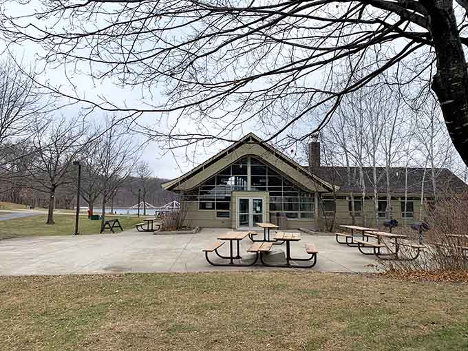 The pavilion stands ready to shelter your picnic from weather that can't make up its mind, very Minnesota of it.