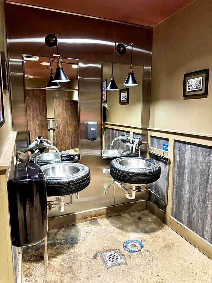 Even the restroom continues the automotive fantasy, with tire sinks and car-themed fixtures transforming necessary breaks into Instagram moments.