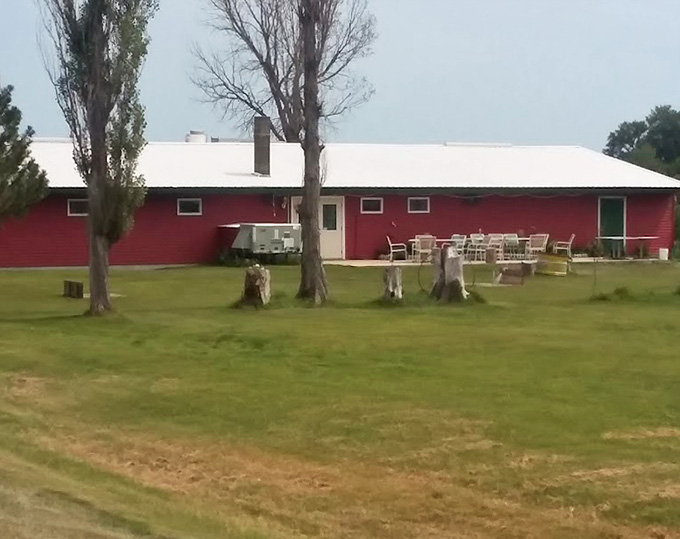 The exterior shows off its rural Minnesota roots proudly, with plenty of lawn space and that distinctive red barn aesthetic that means good food ahead.